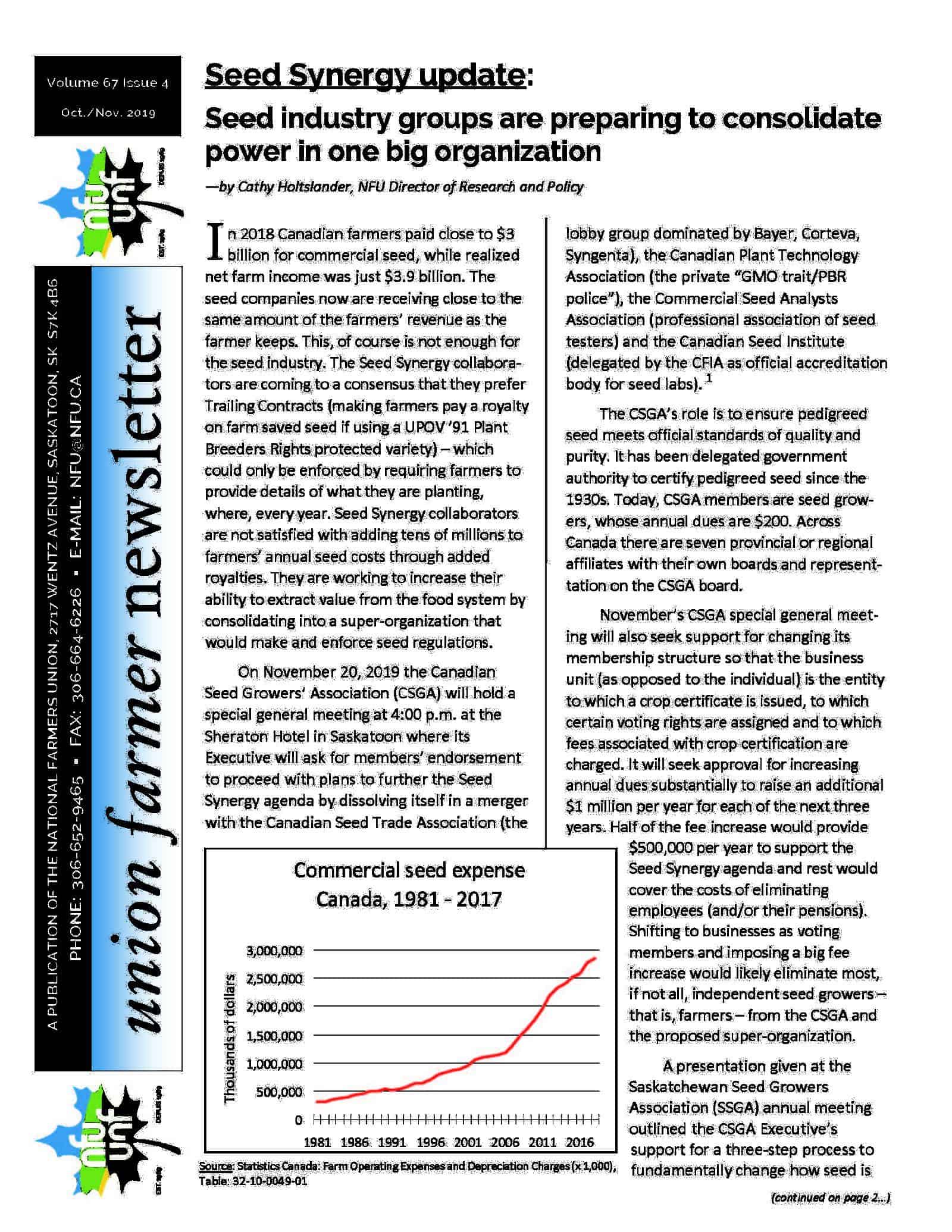 Union Farmer Newsletter: October - November 2019 | National Farmers Union