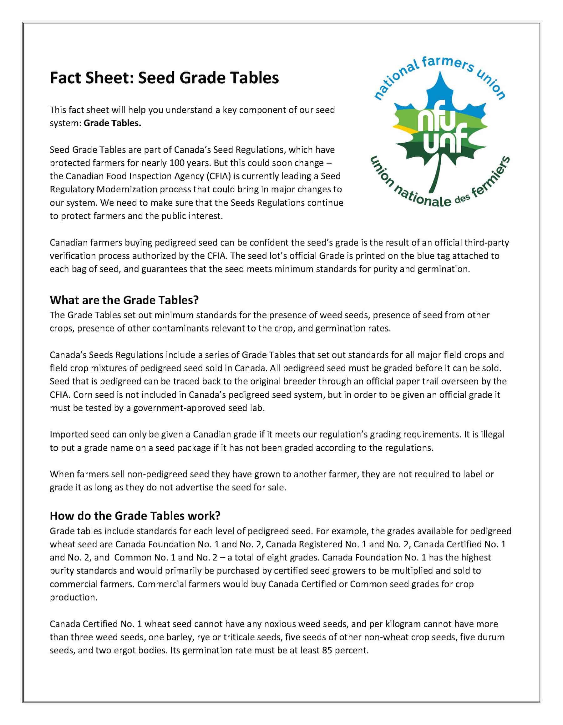 Fact Sheet - Seed Grade Tables | National Farmers Union