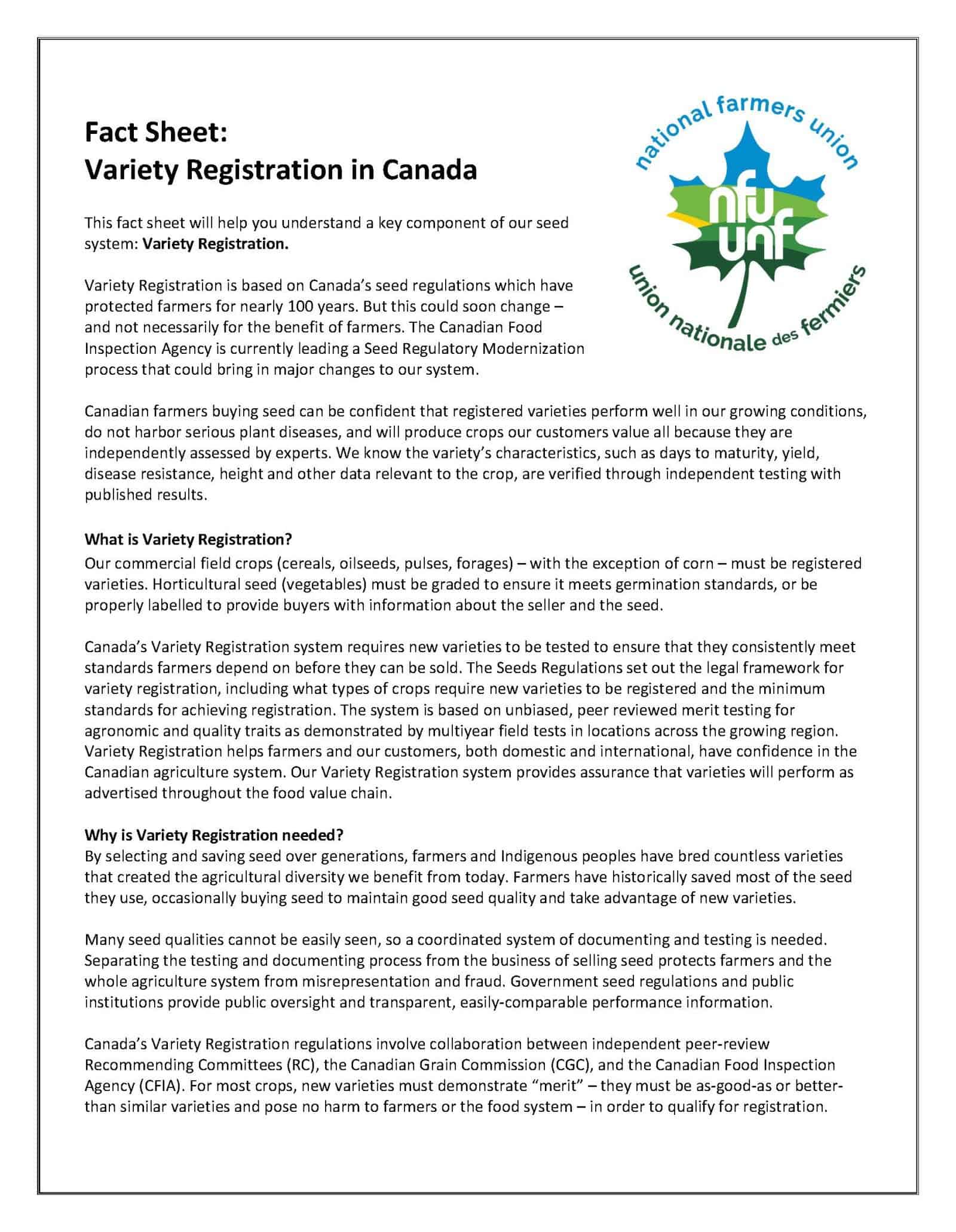 Fact Sheet - Variety Registration in Canada | National Farmers Union
