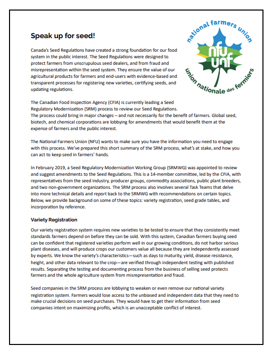 Summary Seed Regulatory Modernization | National Farmers Union